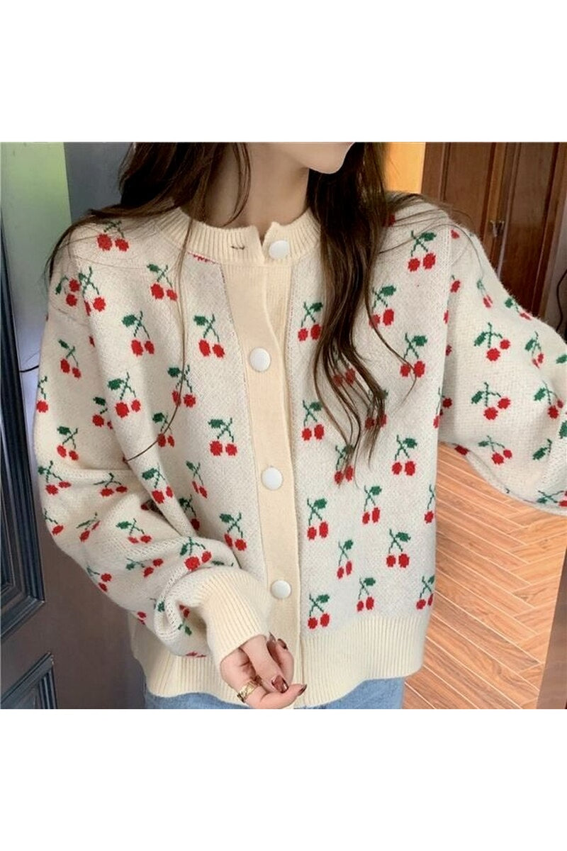 Cottagecore Cherry-Print Loose Cardigan - Сottagecore clothes