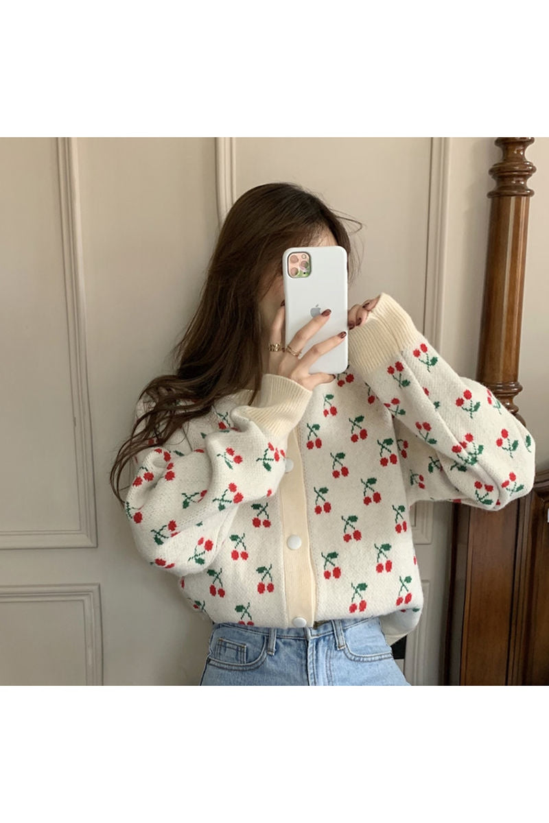 Cottagecore Cherry-Print Loose Cardigan - Сottagecore clothes