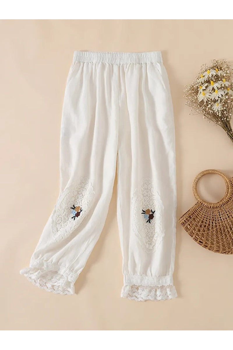 Cottagecore Lace Embroidered Ankle Pants - Сottagecore clothes