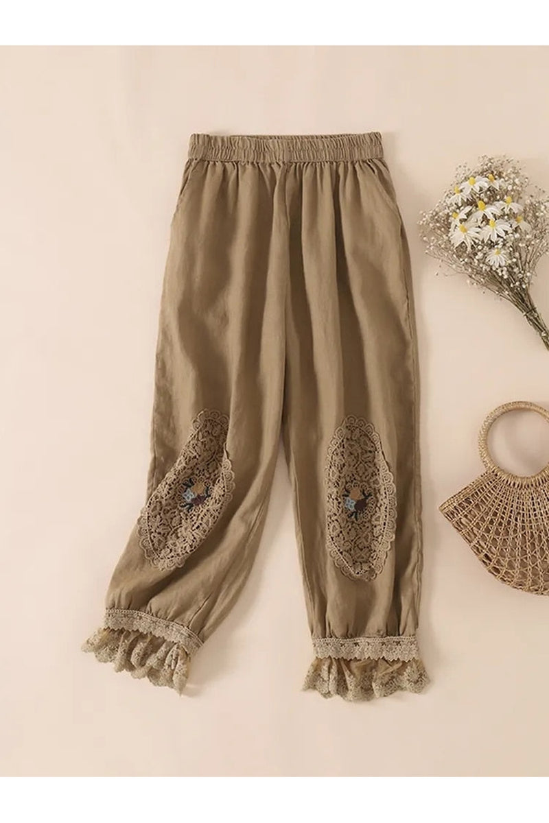 Cottagecore Lace Embroidered Ankle Pants - Сottagecore clothes